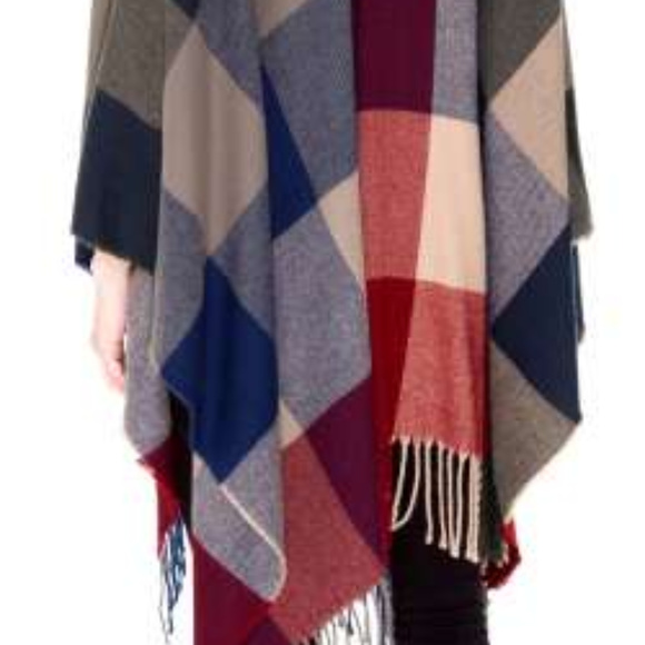 Accessories | Check Print Ruana With Fringes Shawl Scarf | Poshmark